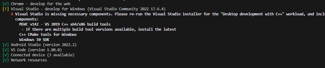 Flutter error: Visual Studio is missing necessary components - DevOps Support