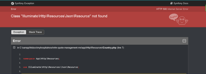 Error: HTTP 500 Internal Server"Illuminate\Http\Resources\Json\Resource" not found - DevOps Support