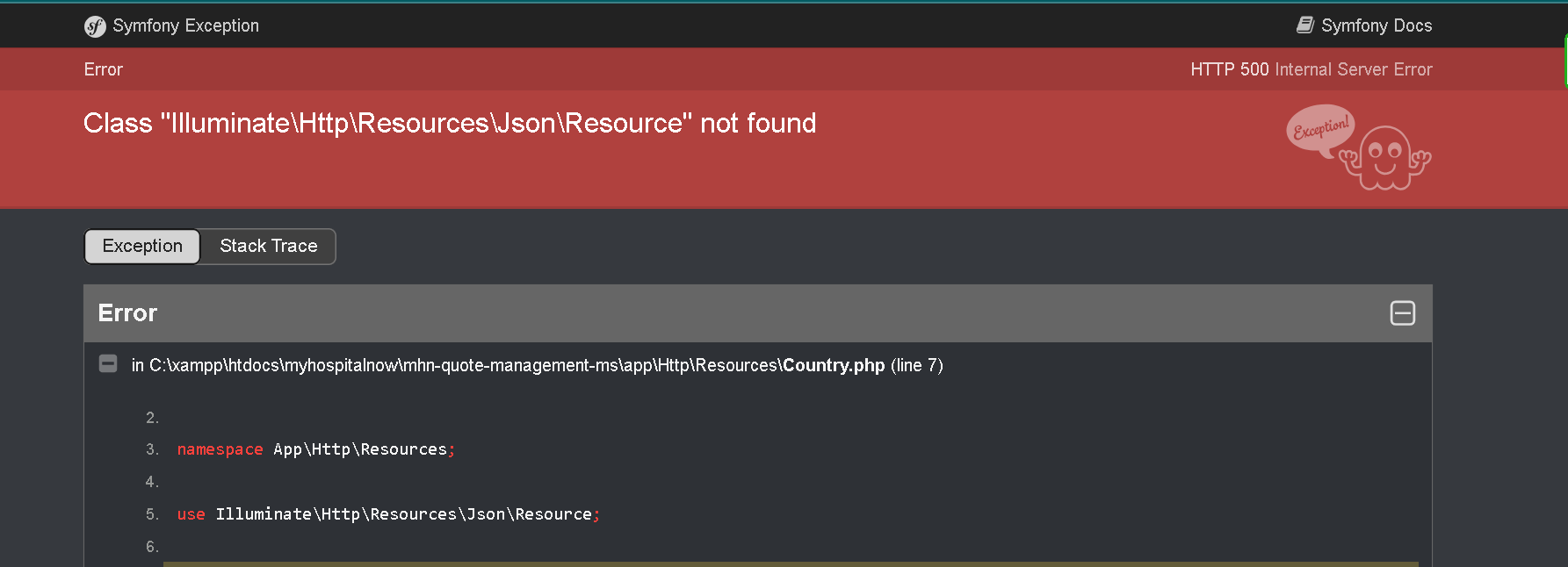 Error: HTTP 500 Internal Server"Illuminate\Http\Resources\Json\Resource" not found - DevOps Support